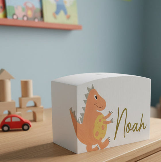 Personalised Wooden Dinosaur Money Box – Hand-Painted Kids Savings Box ...